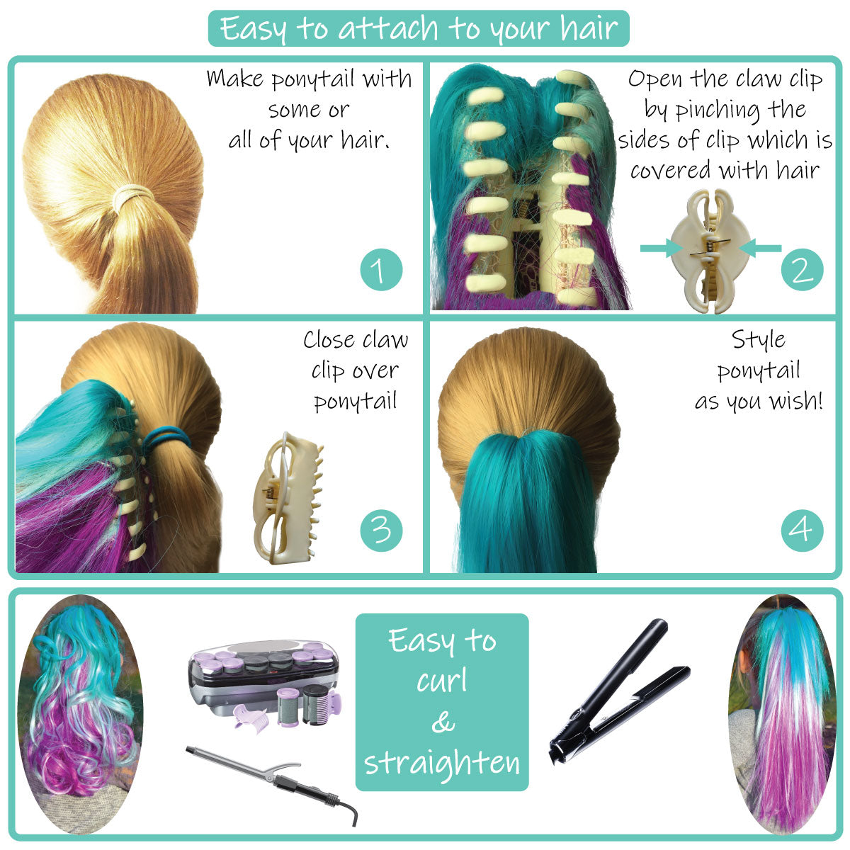 Girls Turquoise, White & Magenta Ponytail Hair Extensions – My Hair Popz
